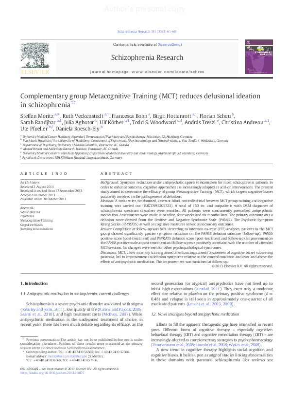 (PDF) Complementary group Metacognitive Training (MCT) reduces delusional ideation in schizophrenia