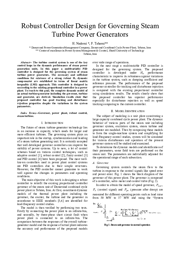 (PDF) Robust controller design for governing steam turbine power generators