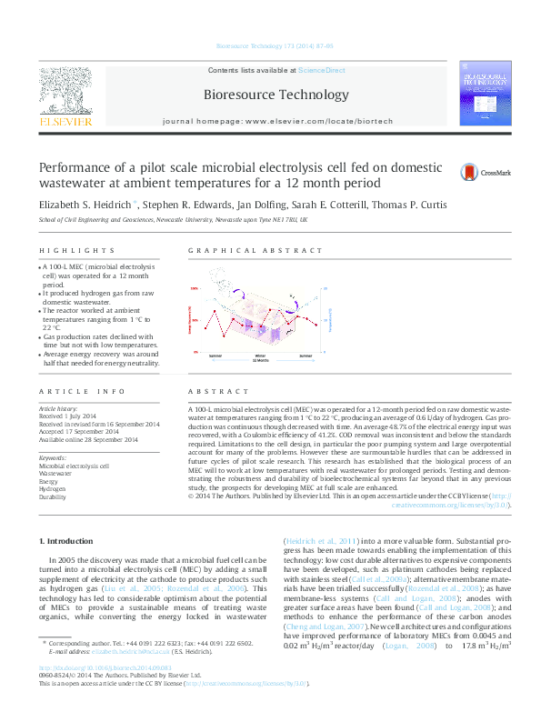 (PDF) Performance of a pilot scale microbial electrolysis cell fed on ...