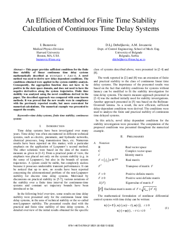 (PDF) An efficient method for finite time stability calculation of continuous time delay systems