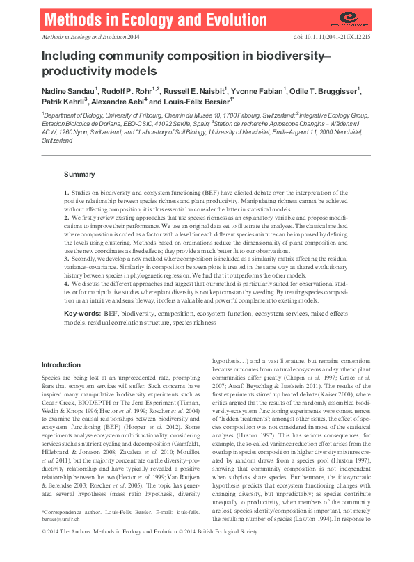 (PDF) Including community composition in biodiversity-productivity models