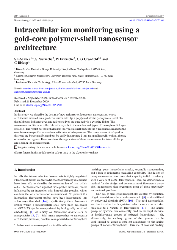 (PDF) Intracellular ion monitoring using a gold-core polymer-shell nanosensor architecture