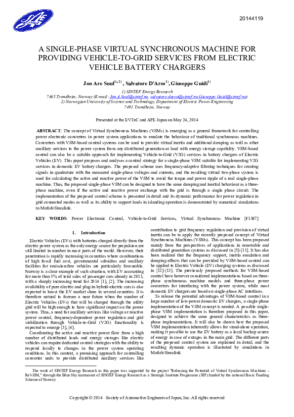 (PDF) A SINGLE-PHASE VIRTUAL SYNCHRONOUS MACHINE FOR PROVIDING VEHICLE-TO-GRID SERVICES FROM ...