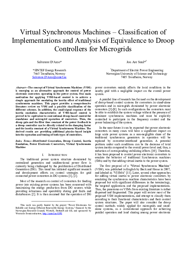 Virtual Synchronous Machines — Classification Of Implementations And Analysis Of Equivalence To