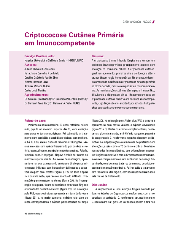 (PDF) Criptococose cutânea primária em imunocompetente: relato de um caso