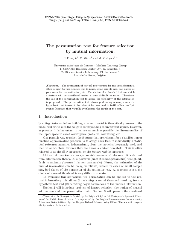 Pdf The Permutation Test For Feature Selection By Mutual Information Vincent Wertz