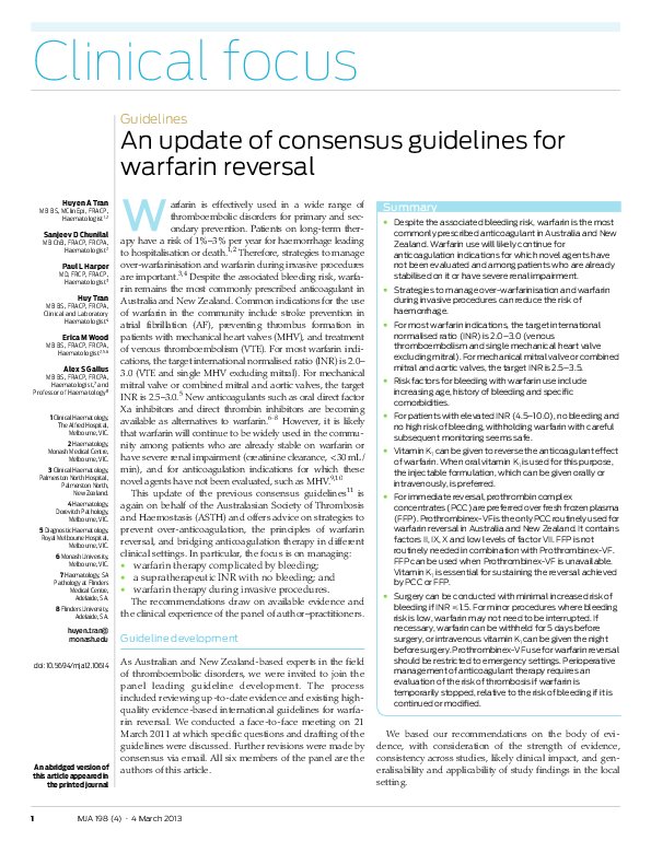 (PDF) An update of consensus guidelines for warfarin reversal