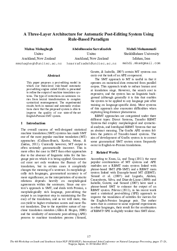 Pdf A Three Layer Architecture For Automatic Post Editing System Using Rule Based Paradigm