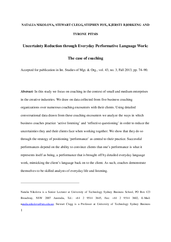 (PDF) Uncertainty Reduction Through Everyday Performative Language Work