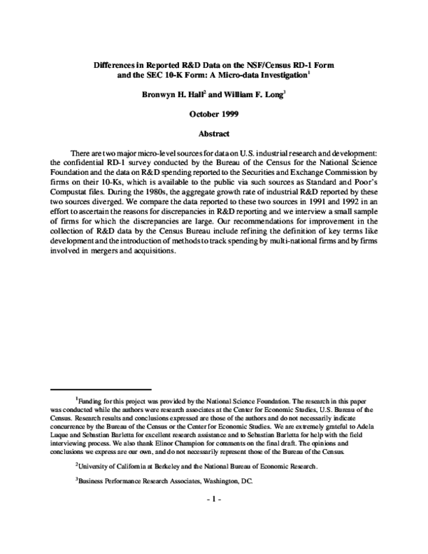 (PDF) Differences in Reported R&D Data on the NSF/Census RD1 Form and ...