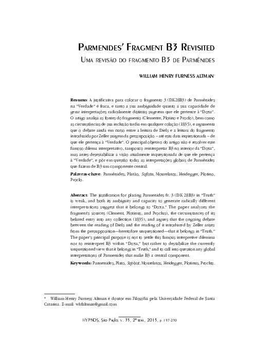 (PDF) Parmenides' Fragment B3 Revisited