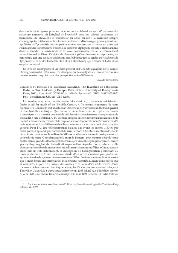 (PDF) Recension de Constance H. Berman, The Cistercian Evolution. The ...