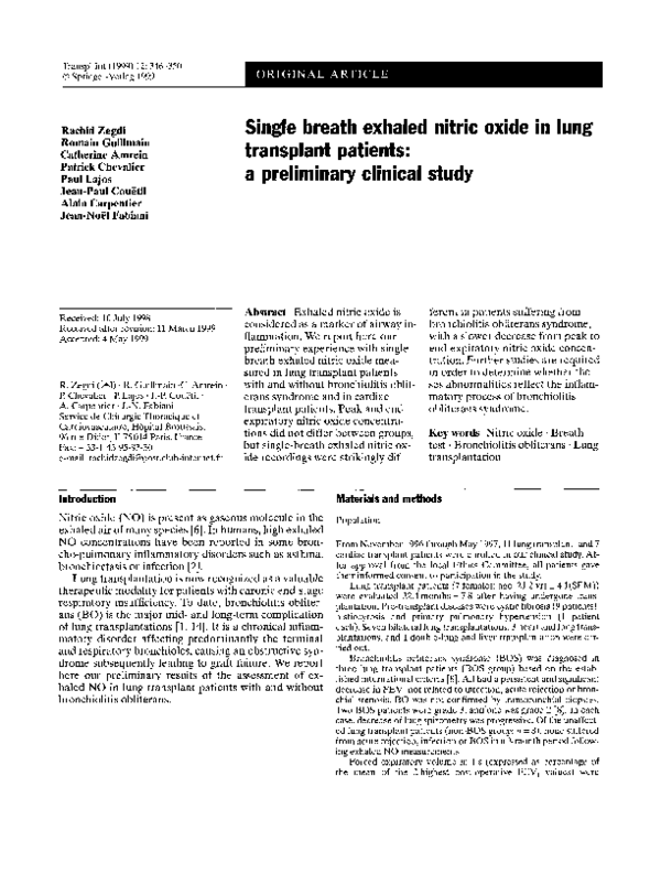 (PDF) Single breath exhaled nitric oxide in lung transplant patients: a ...