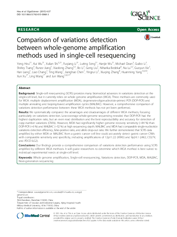 Pdf Comparison Of Variations Detection Between Whole Genome Amplification Methods Used In