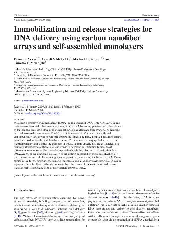 (PDF) Immobilization and release strategies for DNA delivery using carbon nanofiber arrays and ...