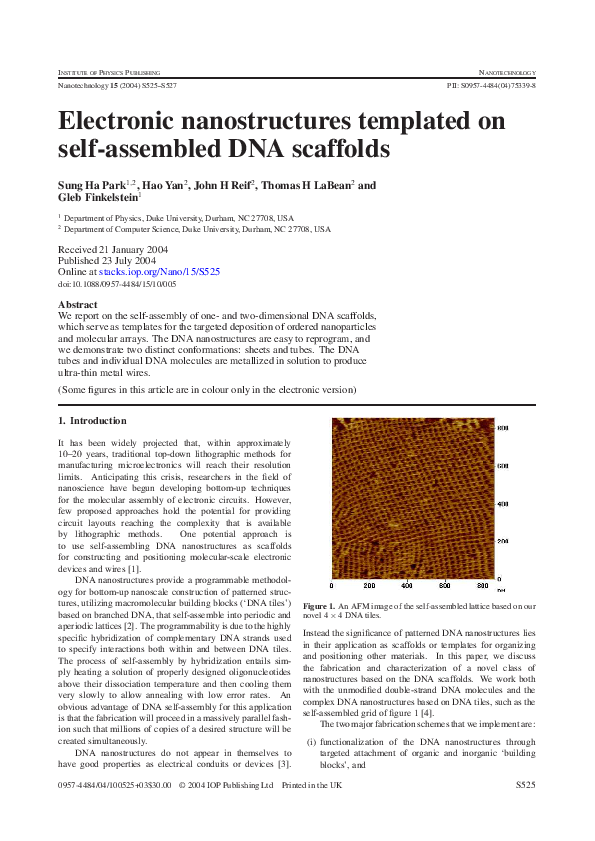 (PDF) Electronic nanostructures templated on self-assembled DNA scaffolds