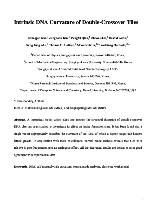 Pdf Intrinsic Dna Curvature Of Double Crossover Tiles