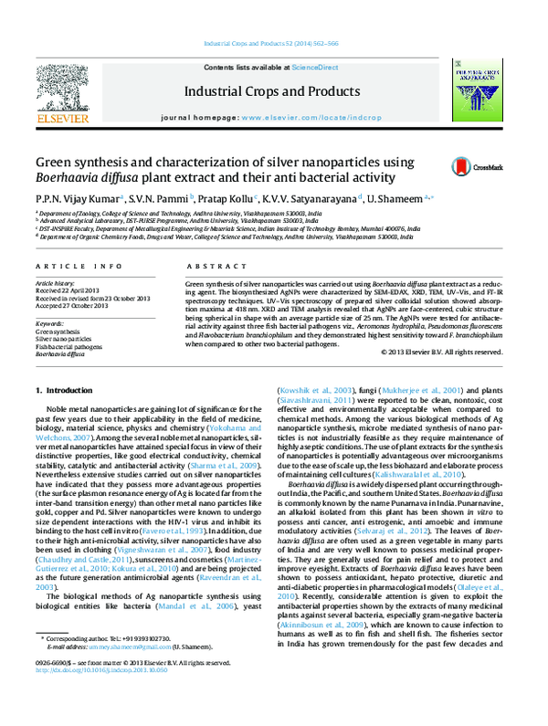 (PDF) Green synthesis and characterization of silver nanoparticles using Boerhaavia diffusa ...