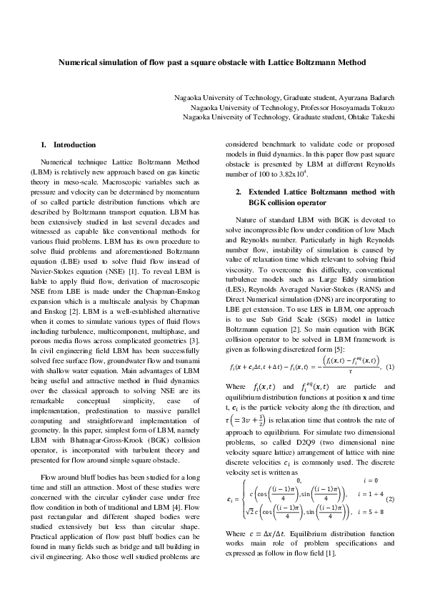 (PDF) Numerical simulation of flow past a square obstacle with Lattice Boltzmann Method