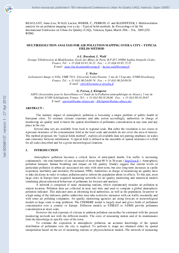 (PDF) Multiresolution analysis for air pollution mapping over a city-Typical fields methods