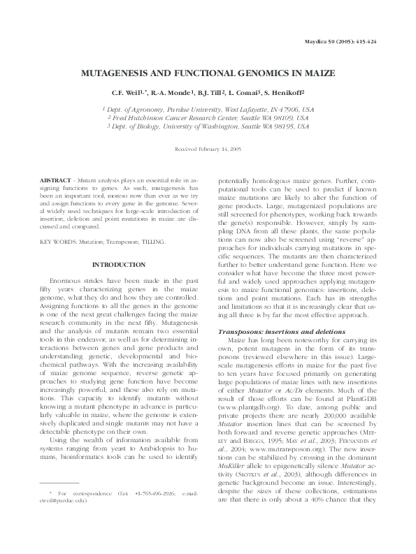 (PDF) Mutagenesis and functional genomics in maize