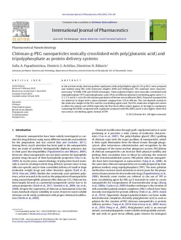 (PDF) Chitosan-g-PEG nanoparticles ionically crosslinked with poly(glutamic acid) and ...