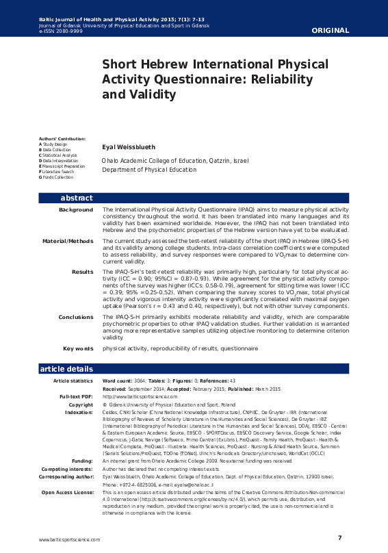 (PDF) Short Hebrew International Physical Activity Questionnaire: Reliability and Validity