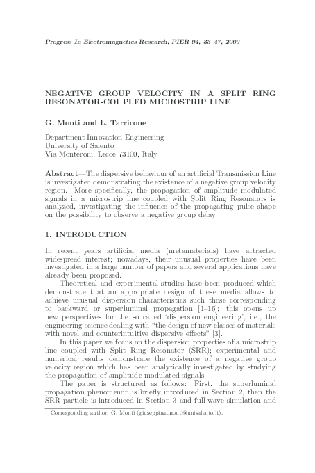 (PDF) NEGATIVE GROUP VELOCITY IN A SPLIT RING RESONATOR-COUPLED ...