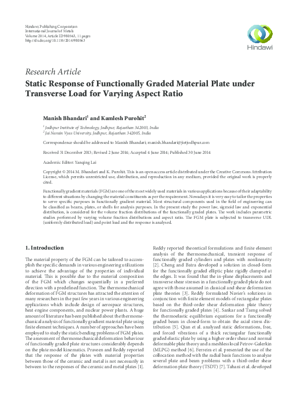 Pdf Static Response Of Functionally Graded Material Plate Under Transverse Load For Varying