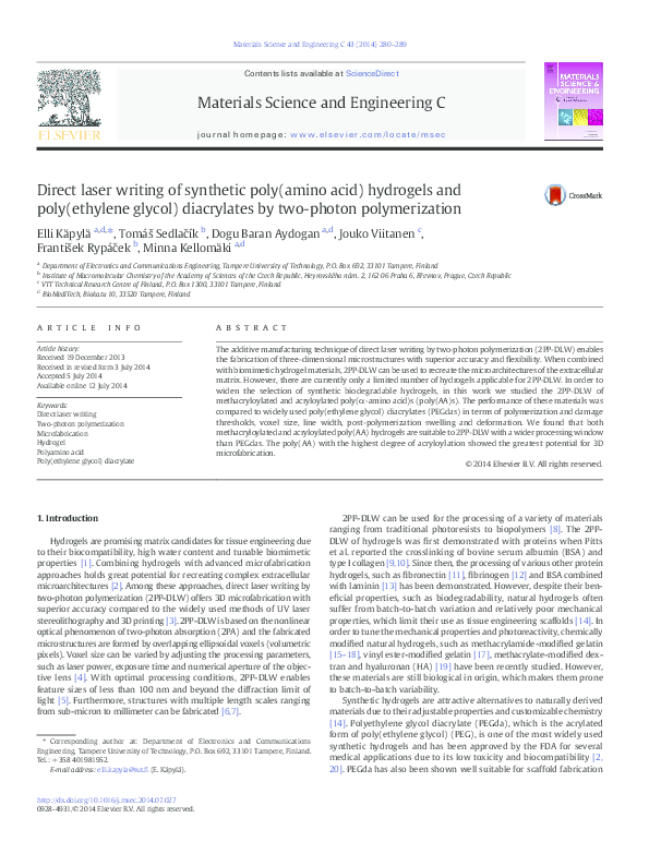 (PDF) Direct laser writing of synthetic poly(amino acid) hydrogels and ...