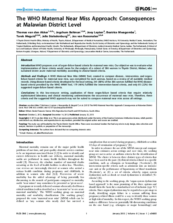(PDF) The WHO Maternal Near Miss Approach: Consequences at Malawian ...