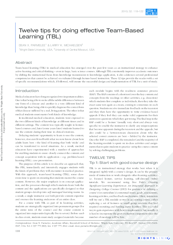 (PDF) Team-based learning: A practical guide: AMEE Guide No. 65