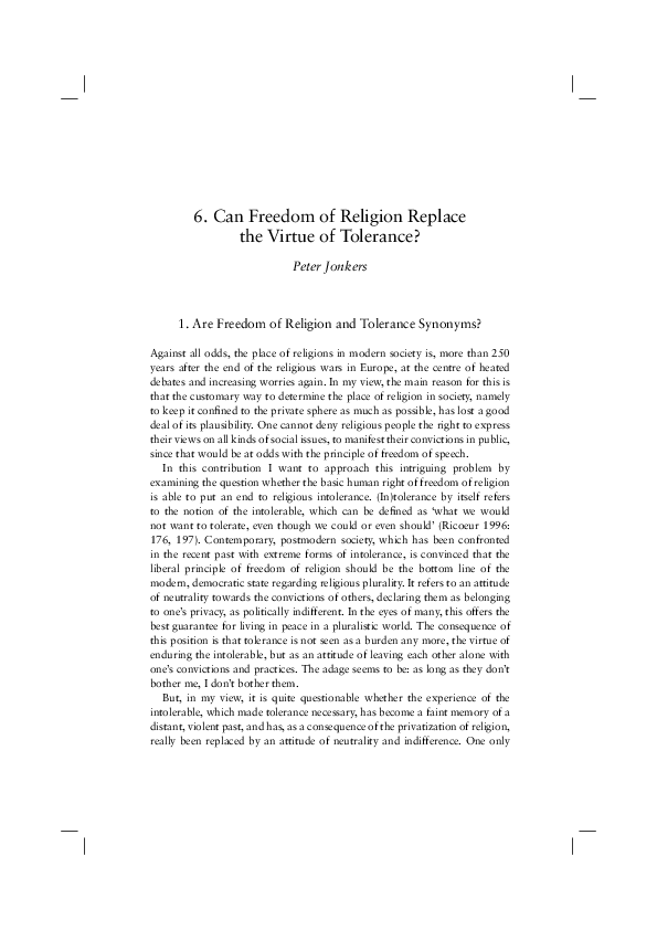 (PDF) Can Freedom of Religion Replace the Virtue of Tolerance?