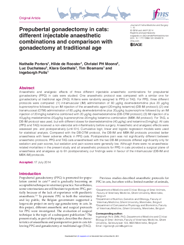 (PDF) Prepubertal gonadectomy in cats: different injectable anaesthetic ...