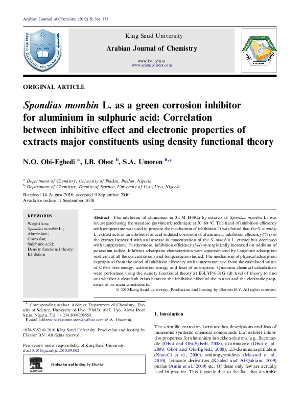 (PDF) Spondias mombin L. as a green corrosion inhibitor for aluminium in sulphuric acid ...