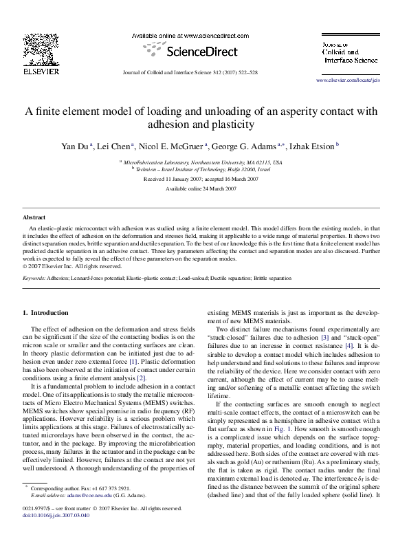 (PDF) A Finite Element Model of Asperity Contact With Adhesion and ...