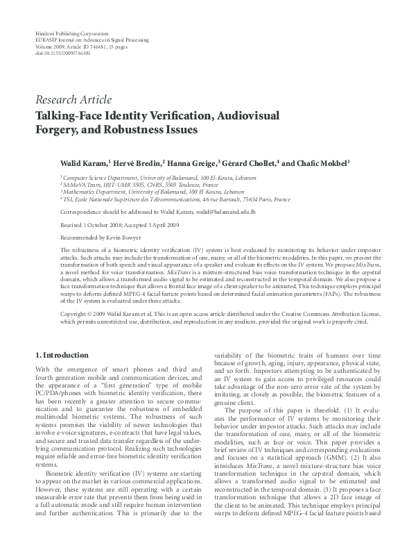 (PDF) Talking-Face Identity Verification, Audiovisual Forgery, and Robustness Issues