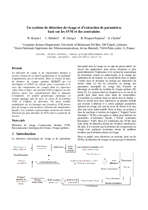 Pdf Un Système De Détection De Visage Et Dextraction De Paramètres Basé Sur Les Svm Et Des 
