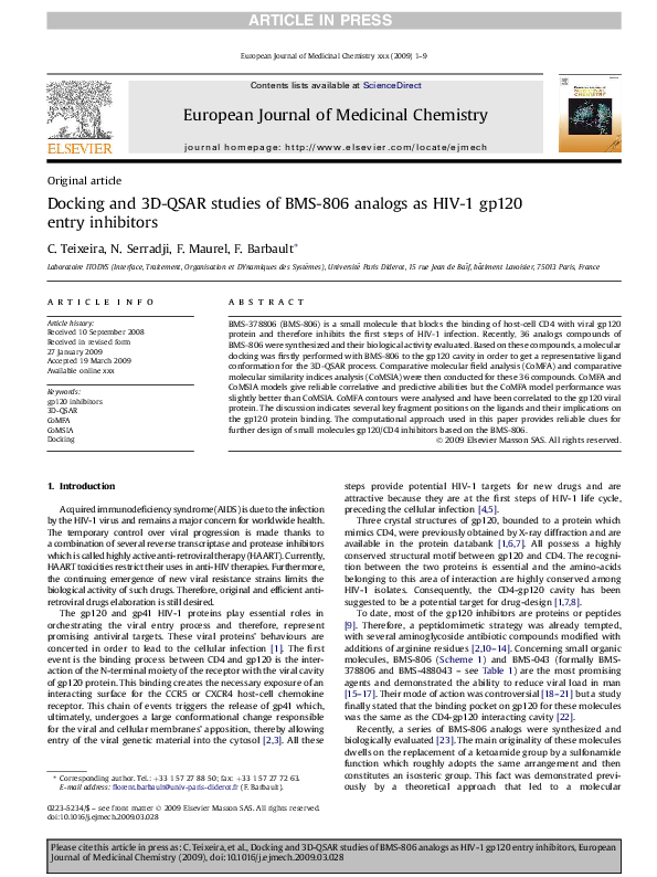 (PDF) Docking and 3D-QSAR studies of BMS-806 analogs as HIV-1 gp120 entry inhibitors
