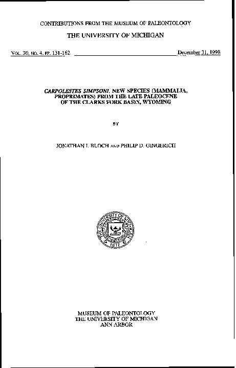 (PDF) Carpolestes Simpsoni, New Species (Mammalia, Proprimates) from ...