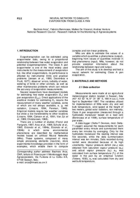 Pdf Neural Network To Simulate Evaporation From Class A Pan Fabrizio Benincasa And Matteo De