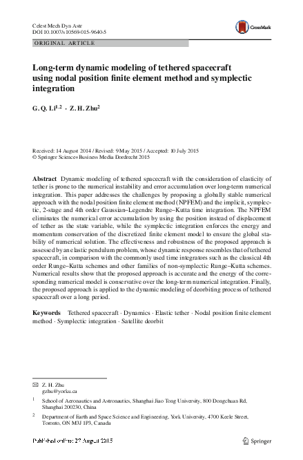 Pdf Long Term Dynamic Modeling Of Tethered Spacecraft Using Nodal