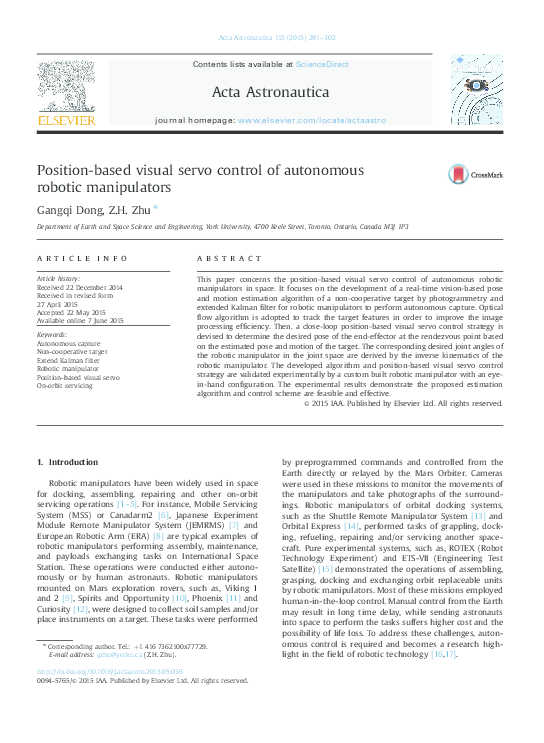 (PDF) Position-based Visual Servo Control of Autonomous Robotic Manipulators