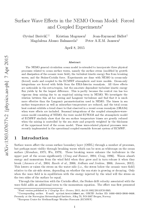 Surface wave effects in the NEMO ocean model: Forced and coupled ...