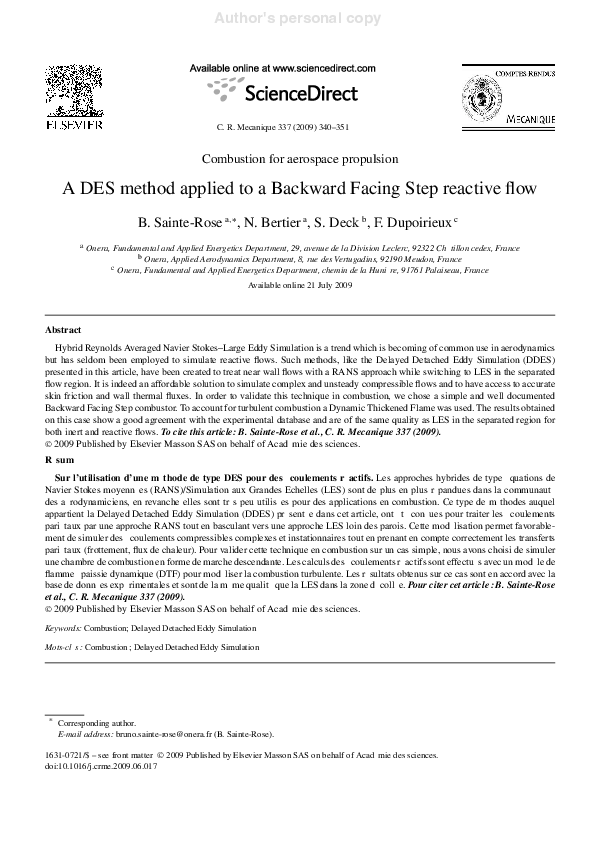 (PDF) A DES method applied to a Backward Facing Step reactive flow