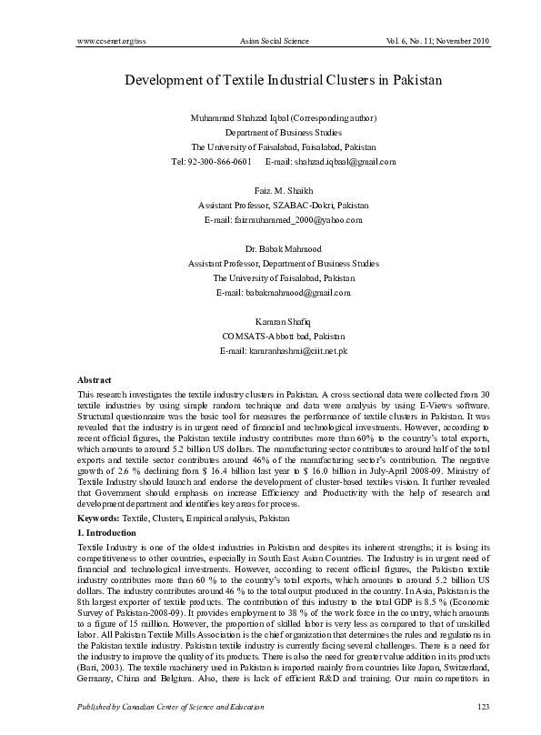 (PDF) Development of Textile Industrial Clusters in Pakistan