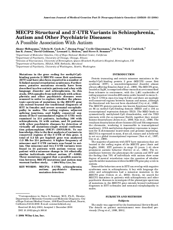 (PDF) MECP2 structural and 3?-UTR variants in schizophrenia, autism and ...