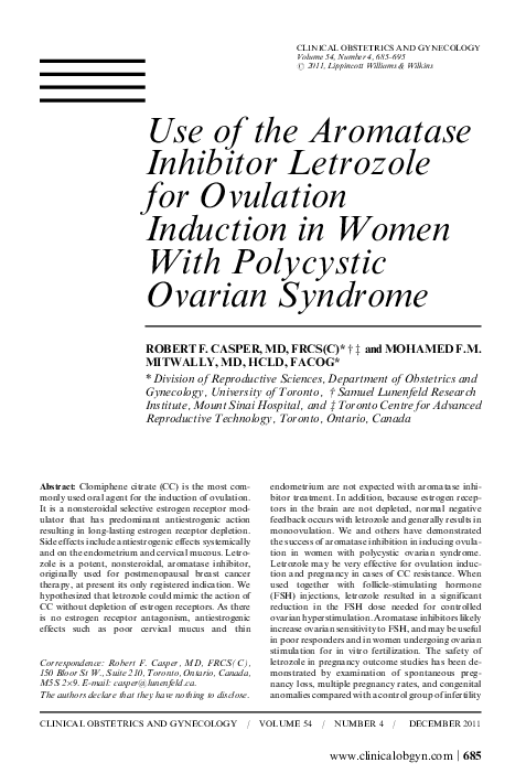 (PDF) Use of the Aromatase Inhibitor Letrozole for Ovulation Induction ...