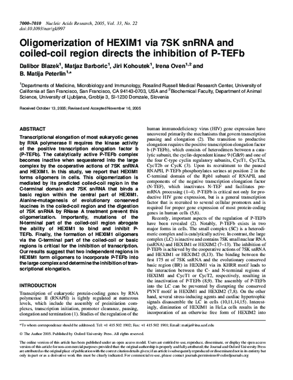 (PDF) Oligomerization of HEXIM1 via 7SK snRNA and coiled-coil region ...