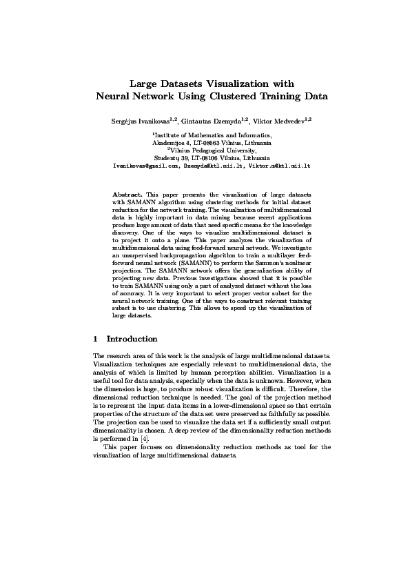 Pdf Large Datasets Visualization With Neural Network Using Clustered